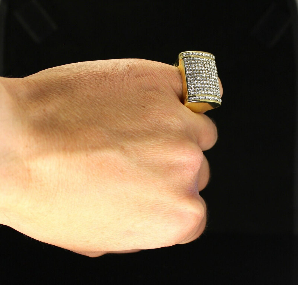Mens Iced Pinky Ring Cz Rectangle Band 14k Gold Plated Hip Hop Jewelry ...