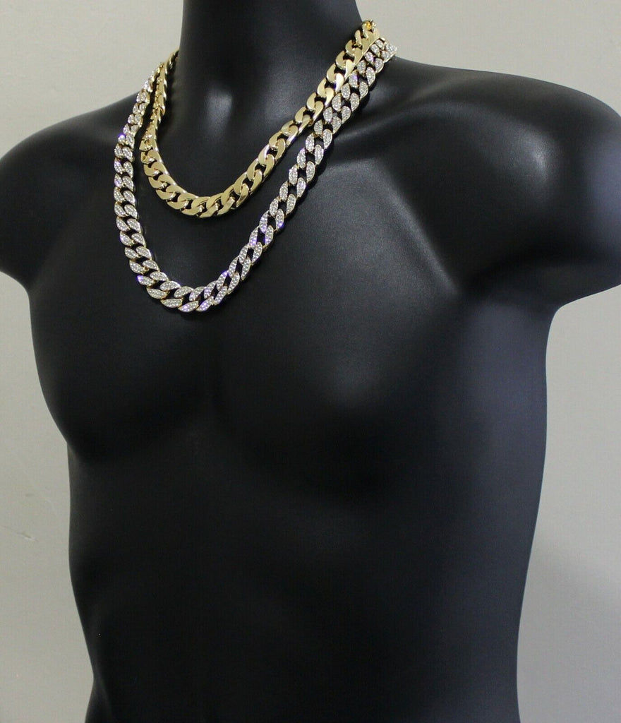 Icy 2pc Set 20" 24" Cuban Link Chains 14k Gold Plated Hip Hop CZ Neckl ...
