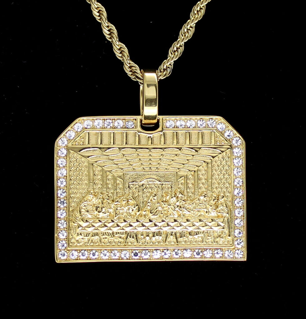 Large Last Supper CZ Pendant Stainless Steel Gold Plated 24" Rope Neve ...