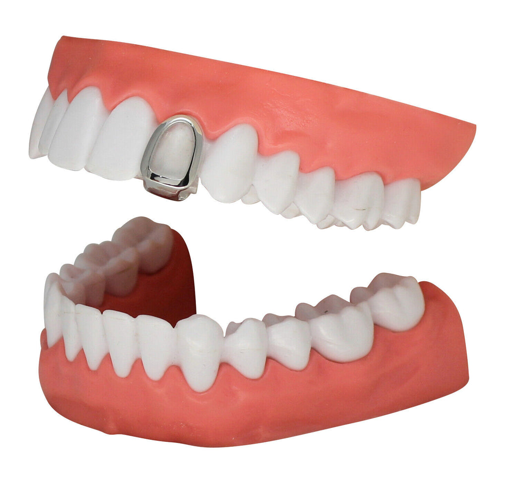 Open Face Grill Single Tooth Cap Custom Fit Silver Plated Grillz w/Mol ...